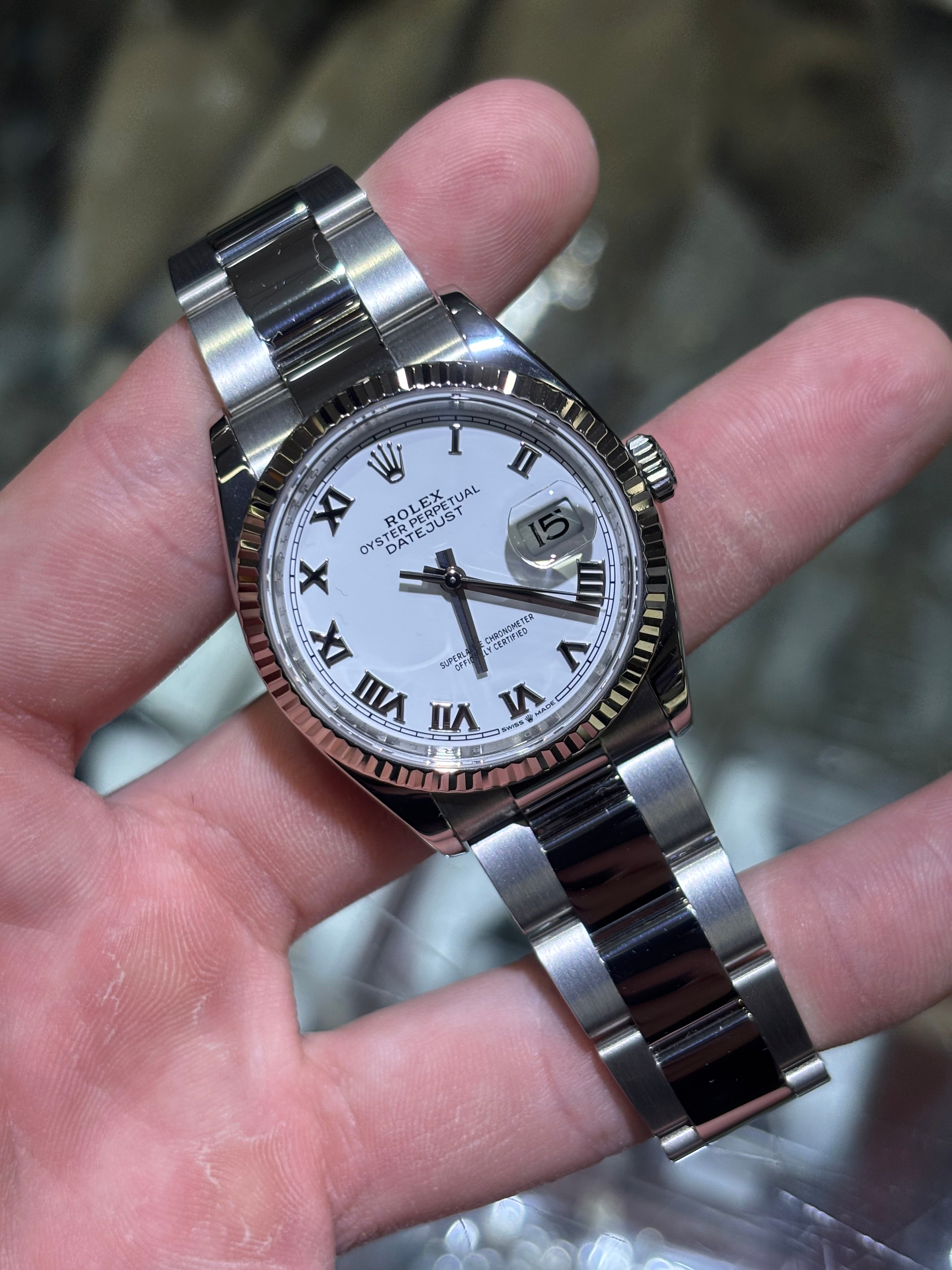 Rolex Datejust 36mm White Roman Dial Fluted Oyster Bracelet Box and Pa ...